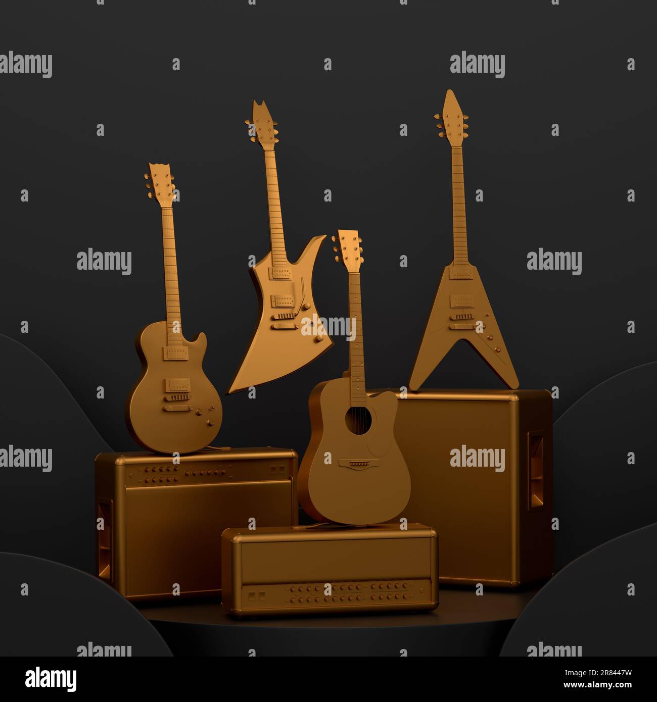 Acoustic guitars and drums with cymbals on podium or pedestal on ...