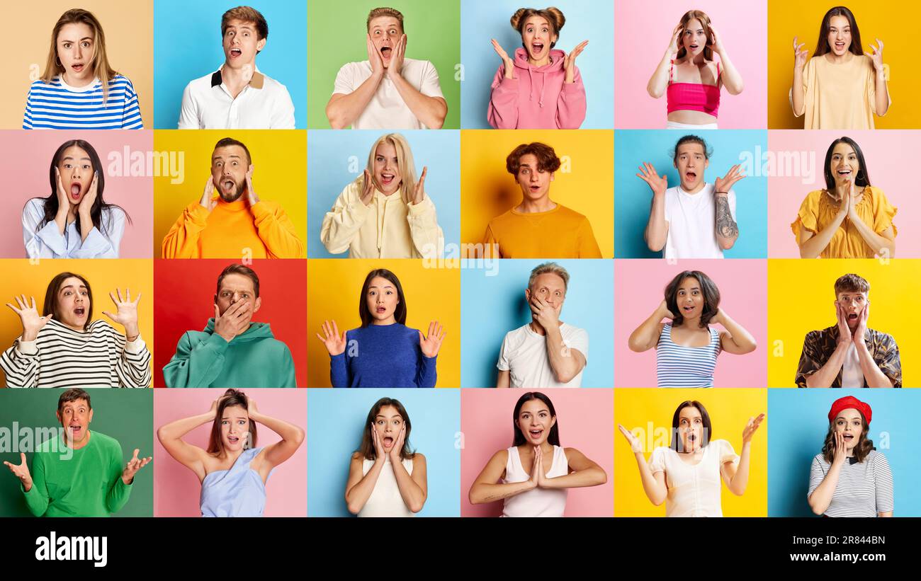 Collage made of portraits of young people, men and women expressing ...