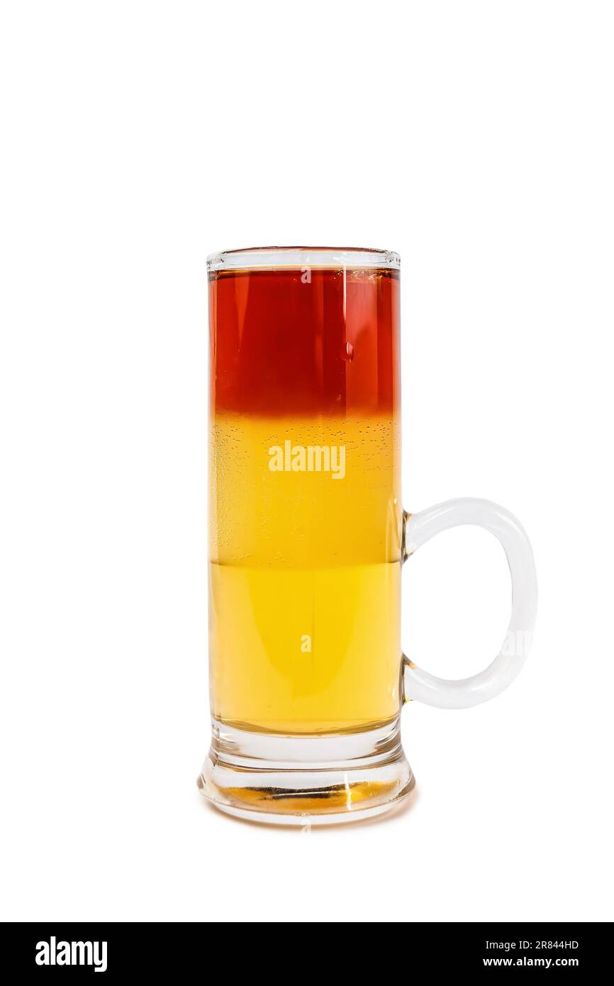 A tall, three-layer cocktail in a beer glass stands out against the ...