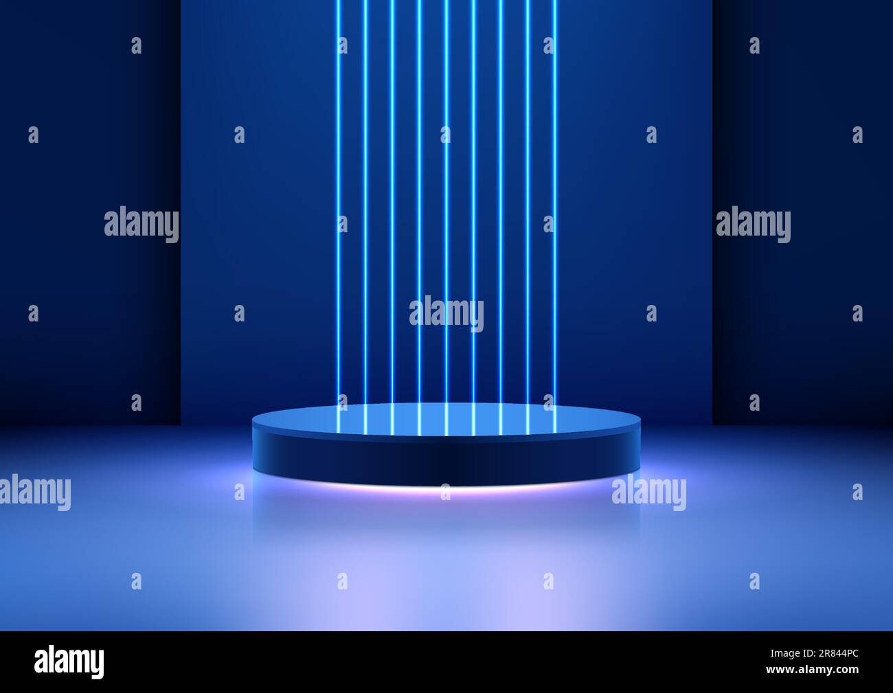 3D realistic empty blue podium stand with blue neon laser lines ...