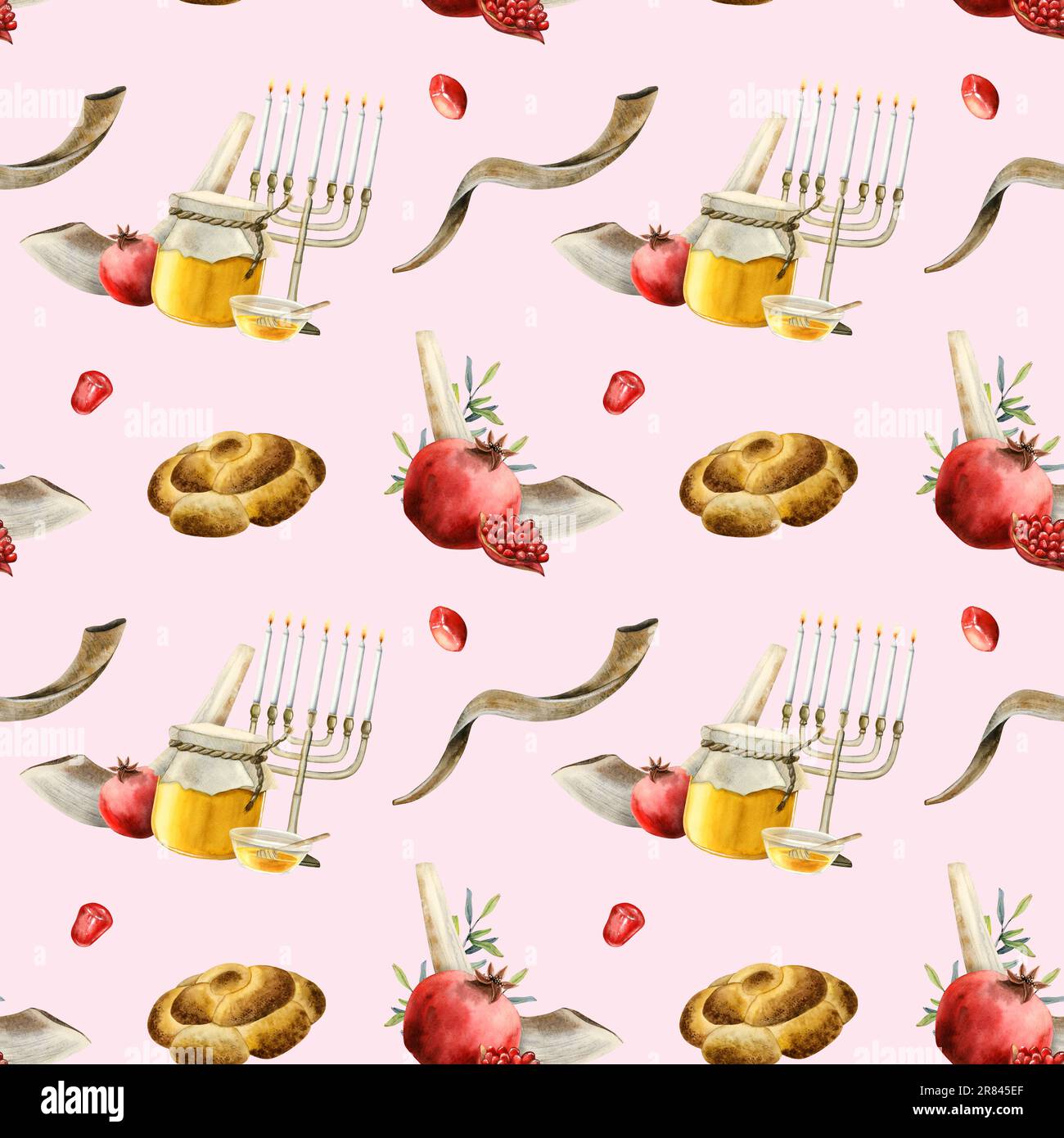 Light pink Rosh hashanah symbols watercolor seamless pattern with ...