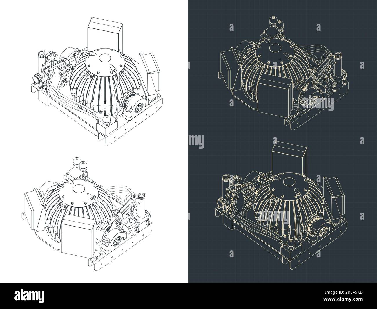 Stylized vector illustrations of isometric blueprints of gyro boat ...