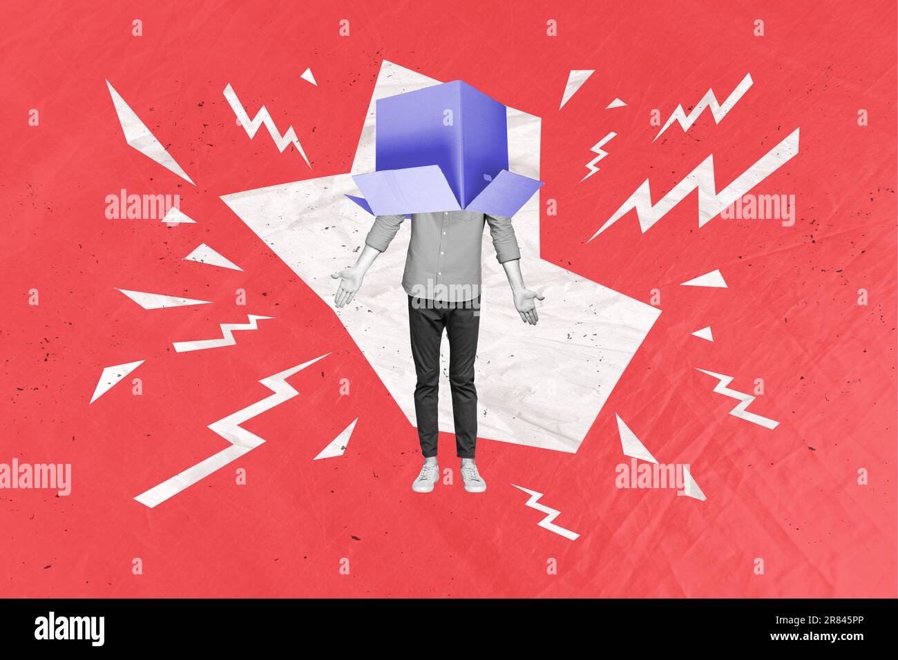 Collage picture of black white colors guy carton box over head shrug ...