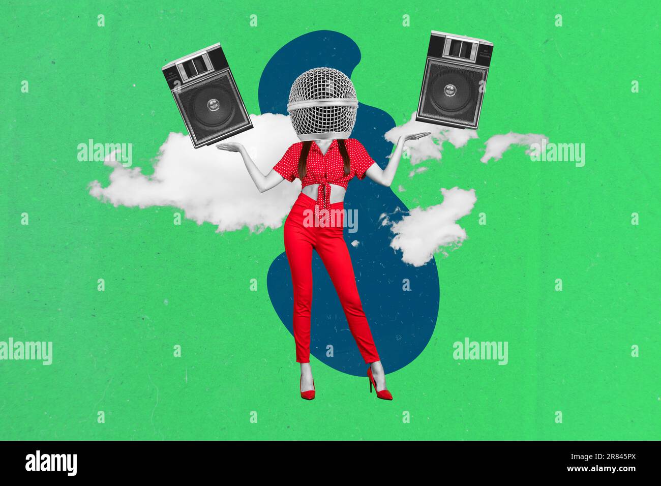 Collage banner advert promo of head microphone loud voice singer ...