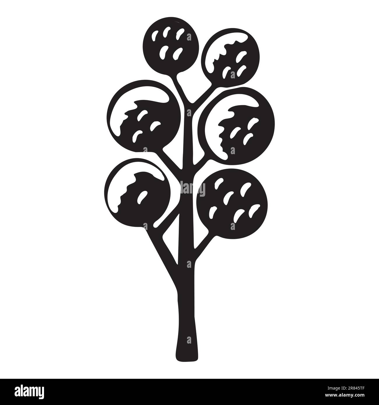 Linocut tree design elements in vector scandi style. Black and white ...