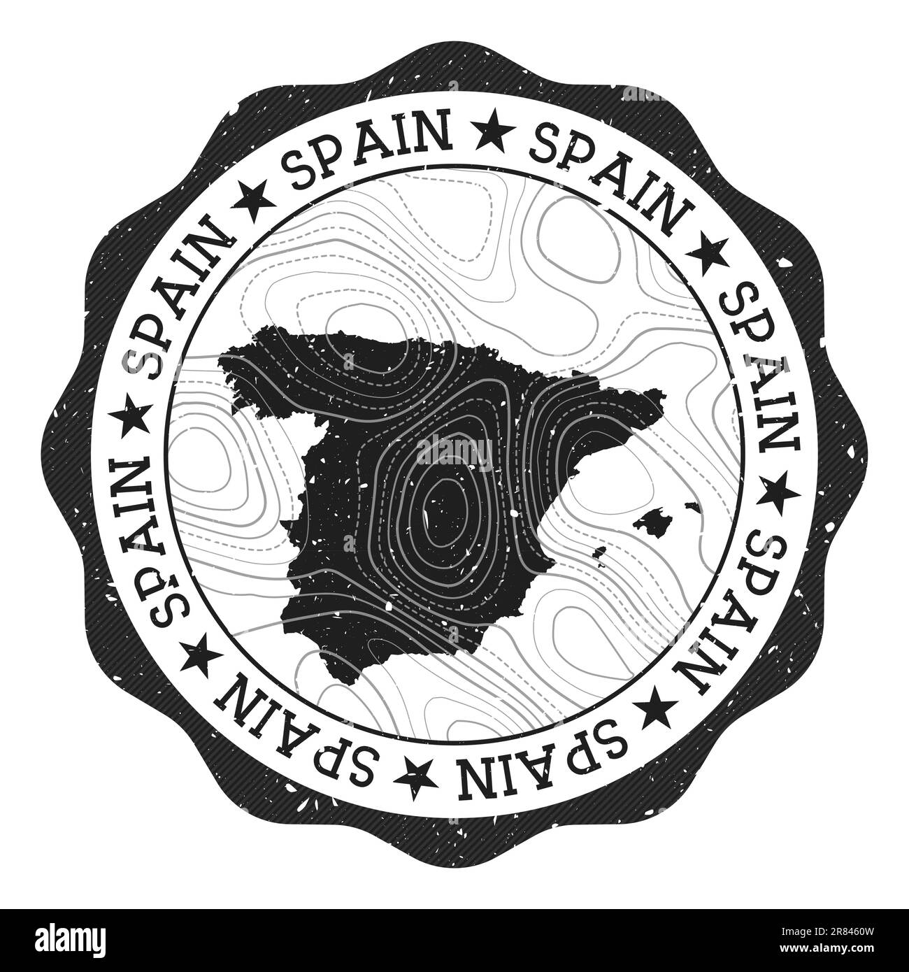 Spain outdoor stamp. Round sticker with map of country with topographic ...