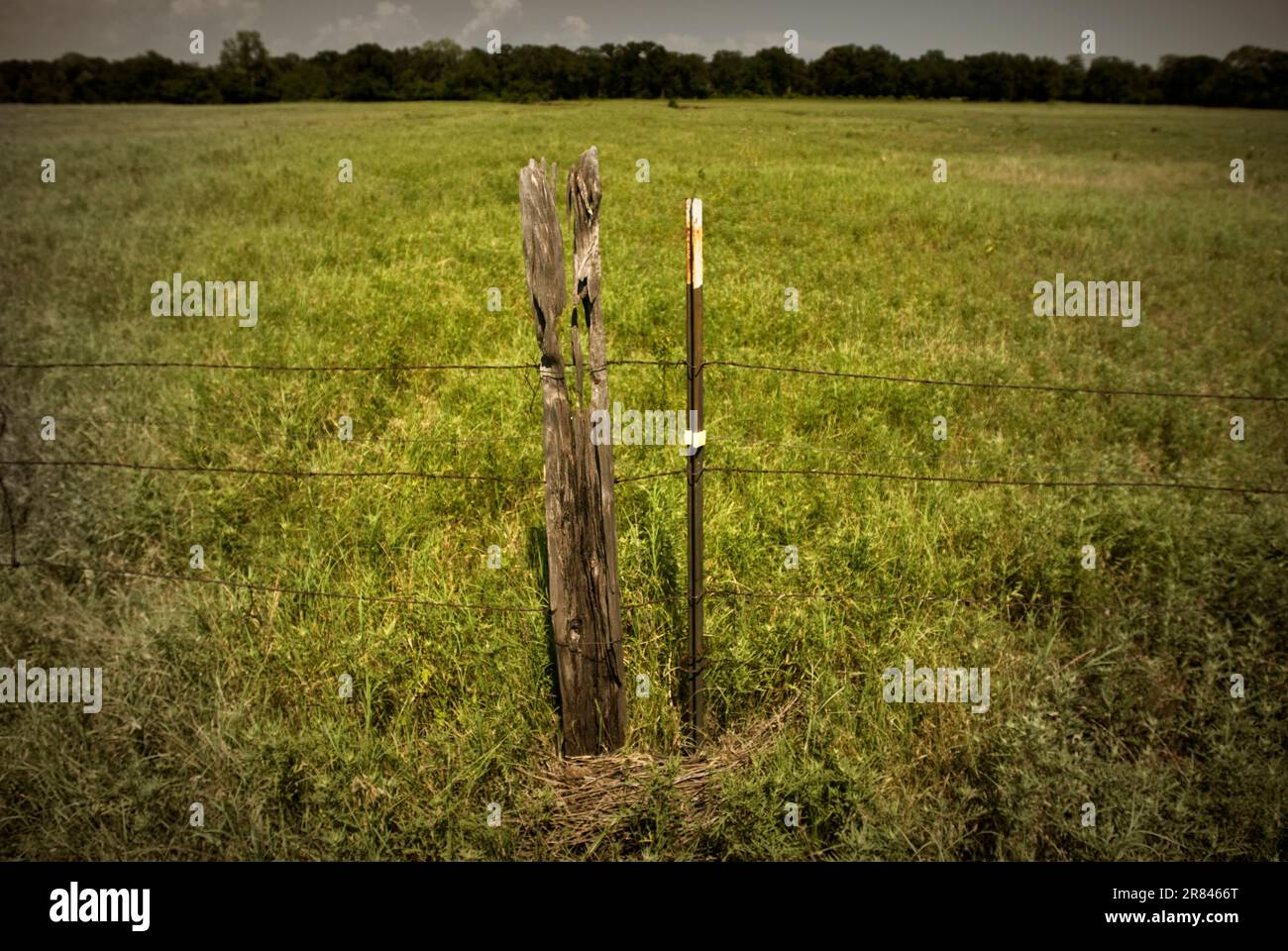 An old railroad tie still holds the barbed wire, but a new stronger ...
