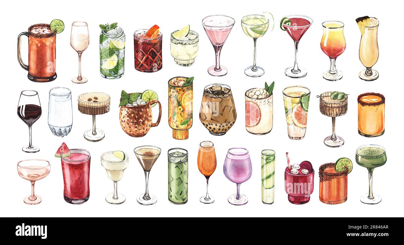 Watercolor cocktail glasses set: martini, gin, wine, margarita, goblet ...