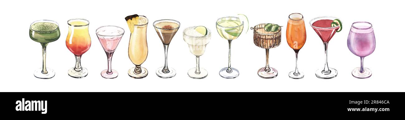 Watercolor cocktail glasses set: martini, gin, wine, margarita, goblet ...
