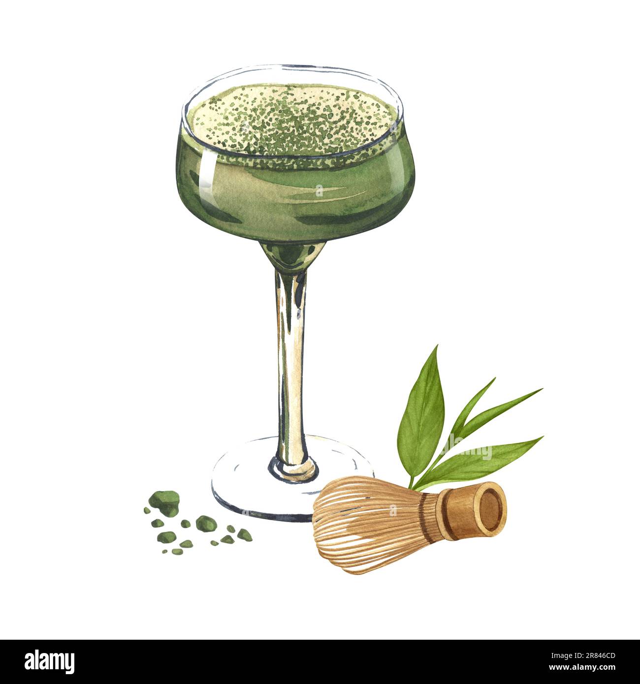 Watercolor green matcha martini with whisk and leaf tea. Hand-drawn ...
