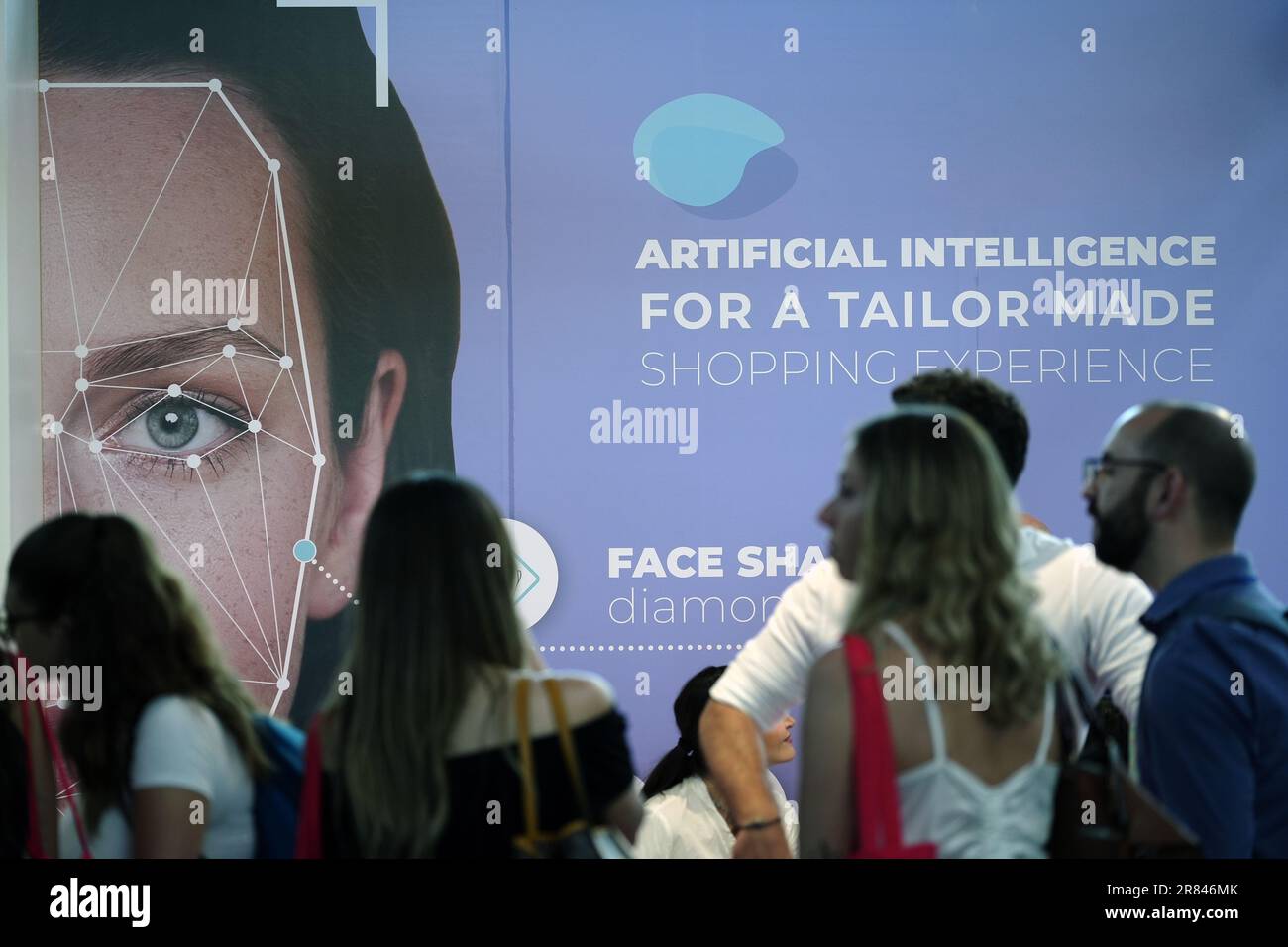Rimini, Italy - 15 June 2023: crowded stands at the Fiera di Rimini ...