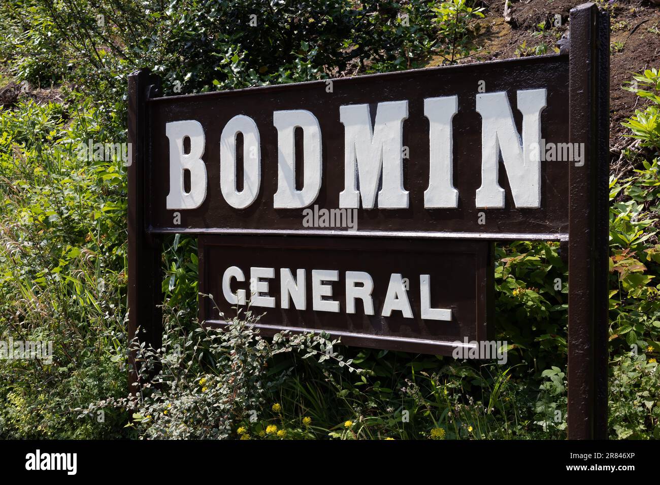 Bodmin, Cornwall, UK - June 13. Bodmin General railway station sign in ...