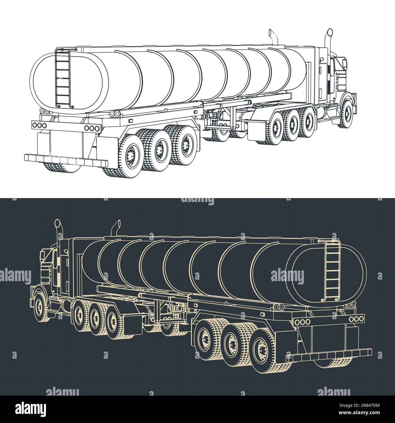 Stylized vector illustrations of blueprints of truck with tanker ...
