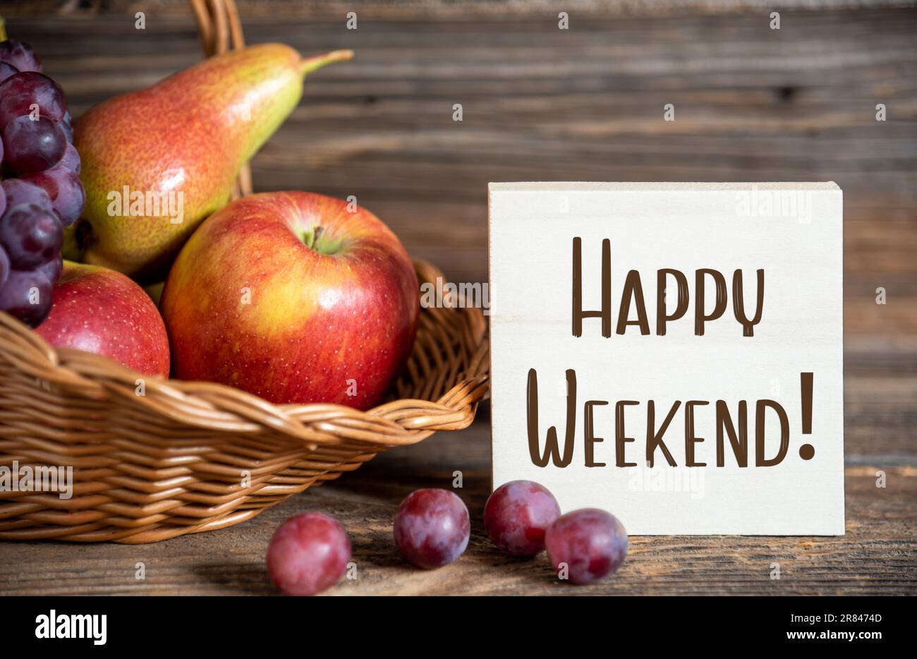 Fall Decoration with Fruits and Text Happy Weekend Stock Photo - Alamy