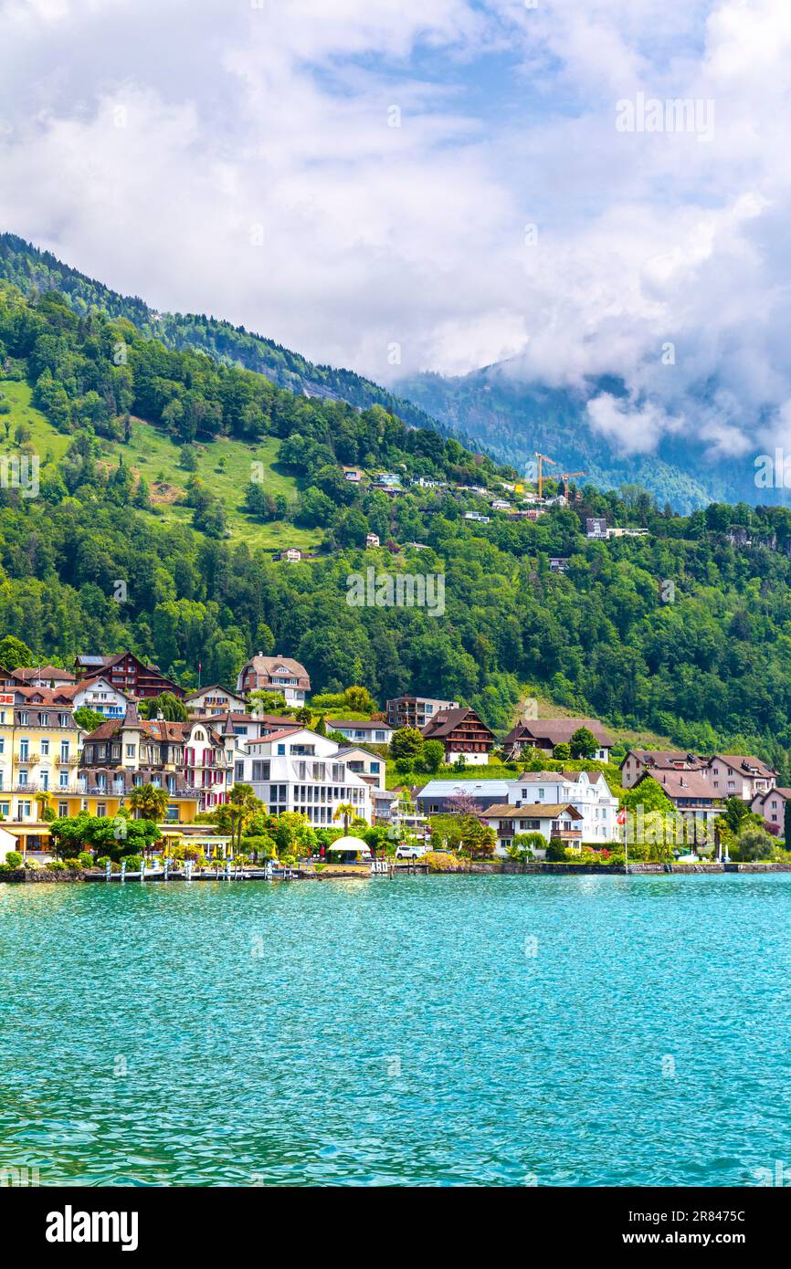 View of Weggis on Lake Lucerne, foothills of Mount Rigi, Switzerland ...