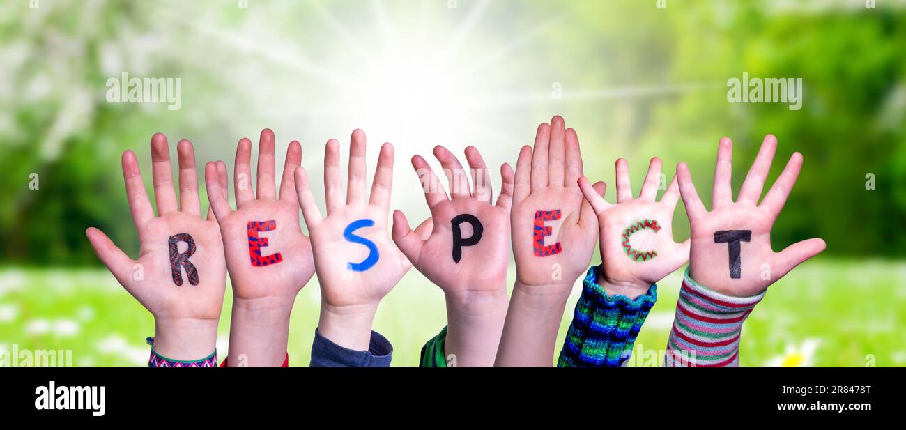 Children Hands Building Word Respect, Grass Meadow Stock Photo - Alamy