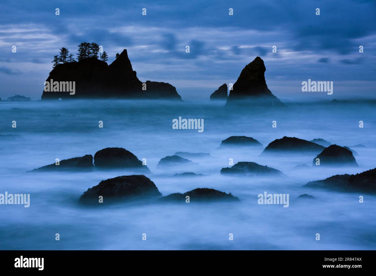 Sea stacks at Shi Shi Beach, Olympic National Park, Washington (blurred ...