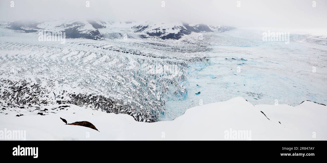 The heavily crevassed terminus of the west and main branches of the ...