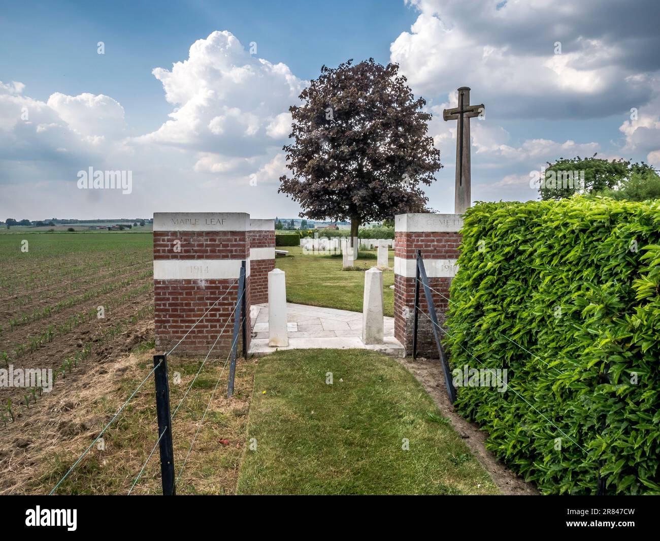The image is of the entrance to WWI Maple Leaf Cemetery on the Belgium ...