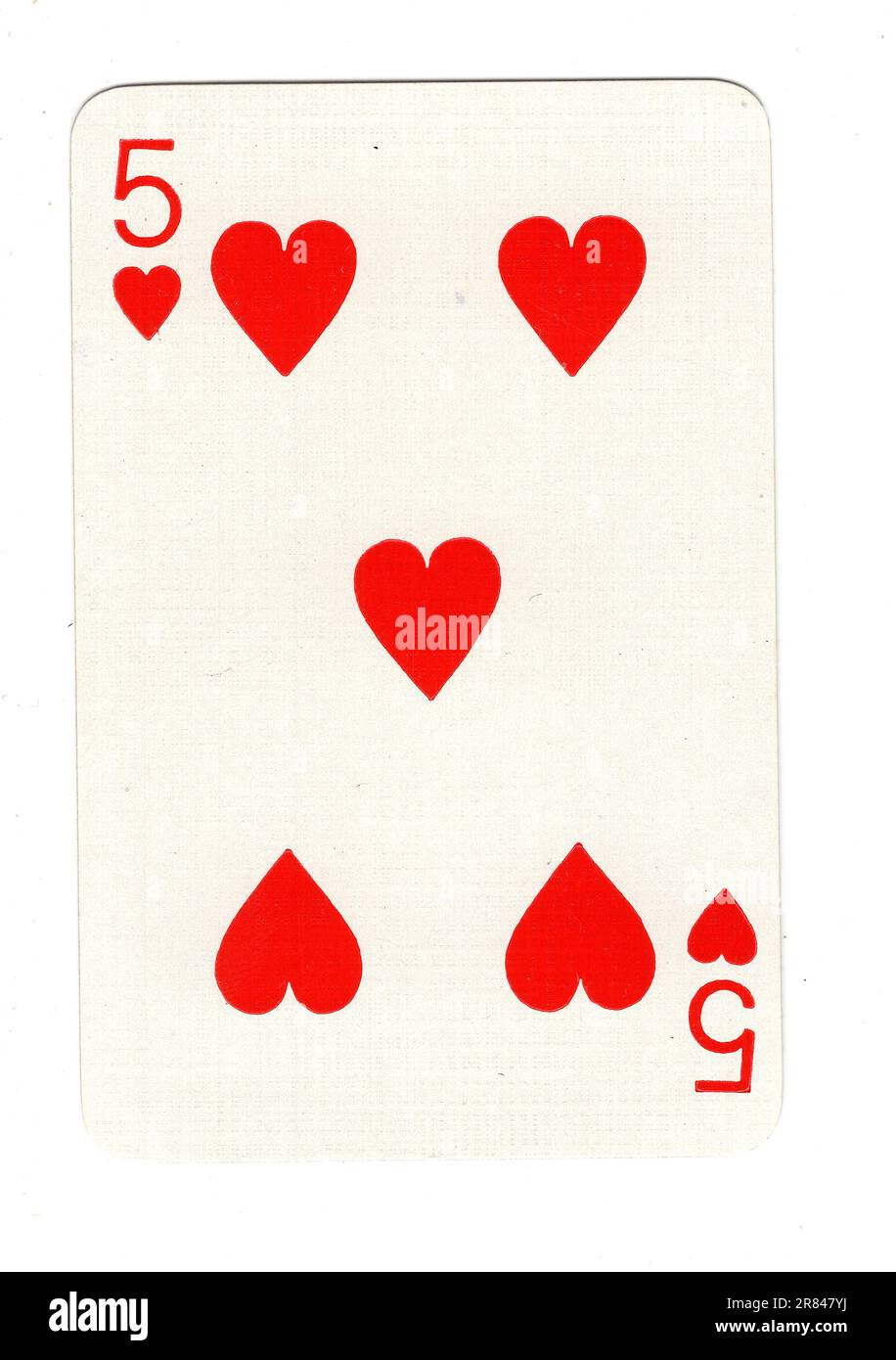 A five of hearts vintage playing card on a white background Stock Photo ...