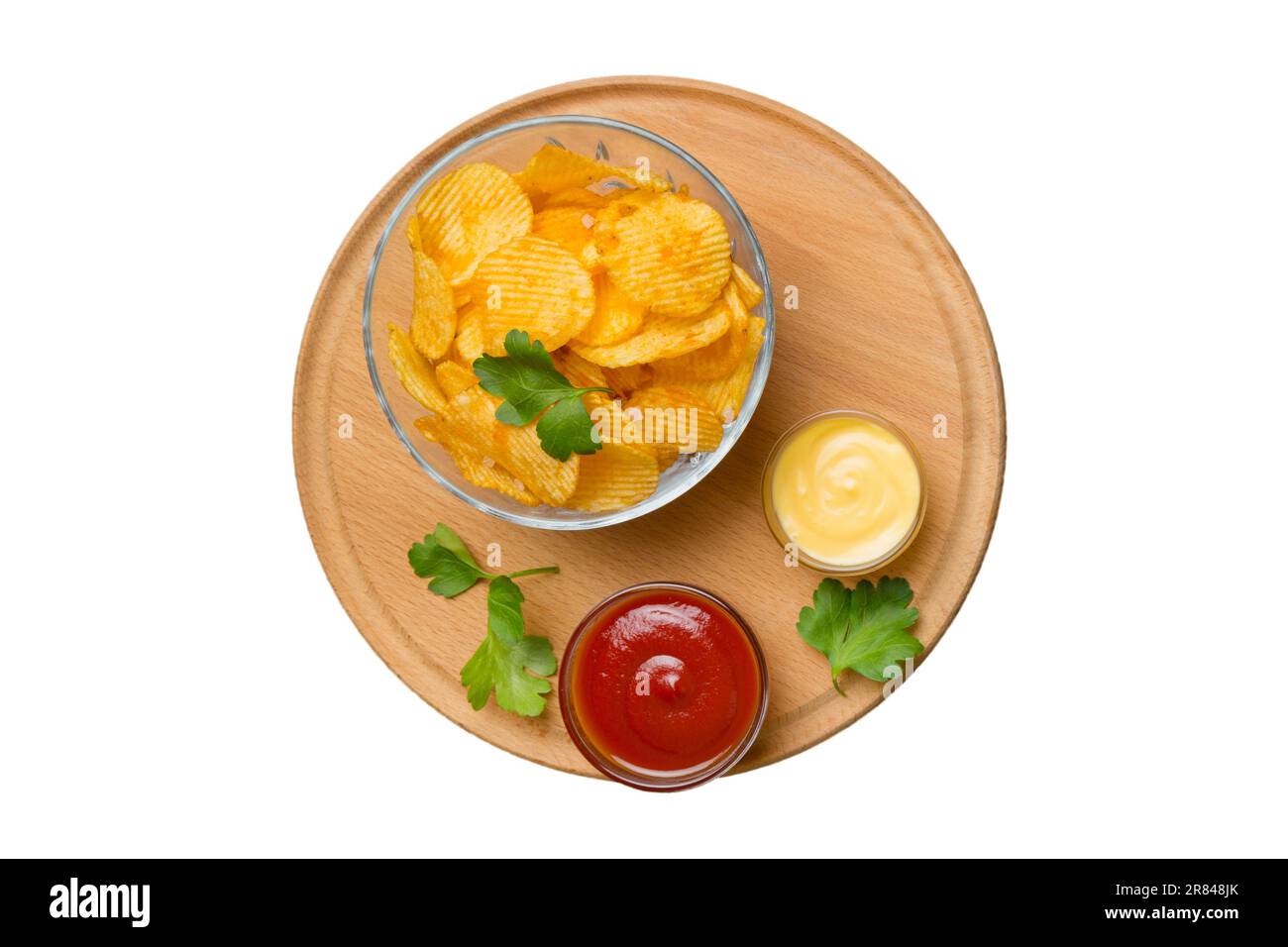 Top view chips with sause in bowl isolated on white background, top ...