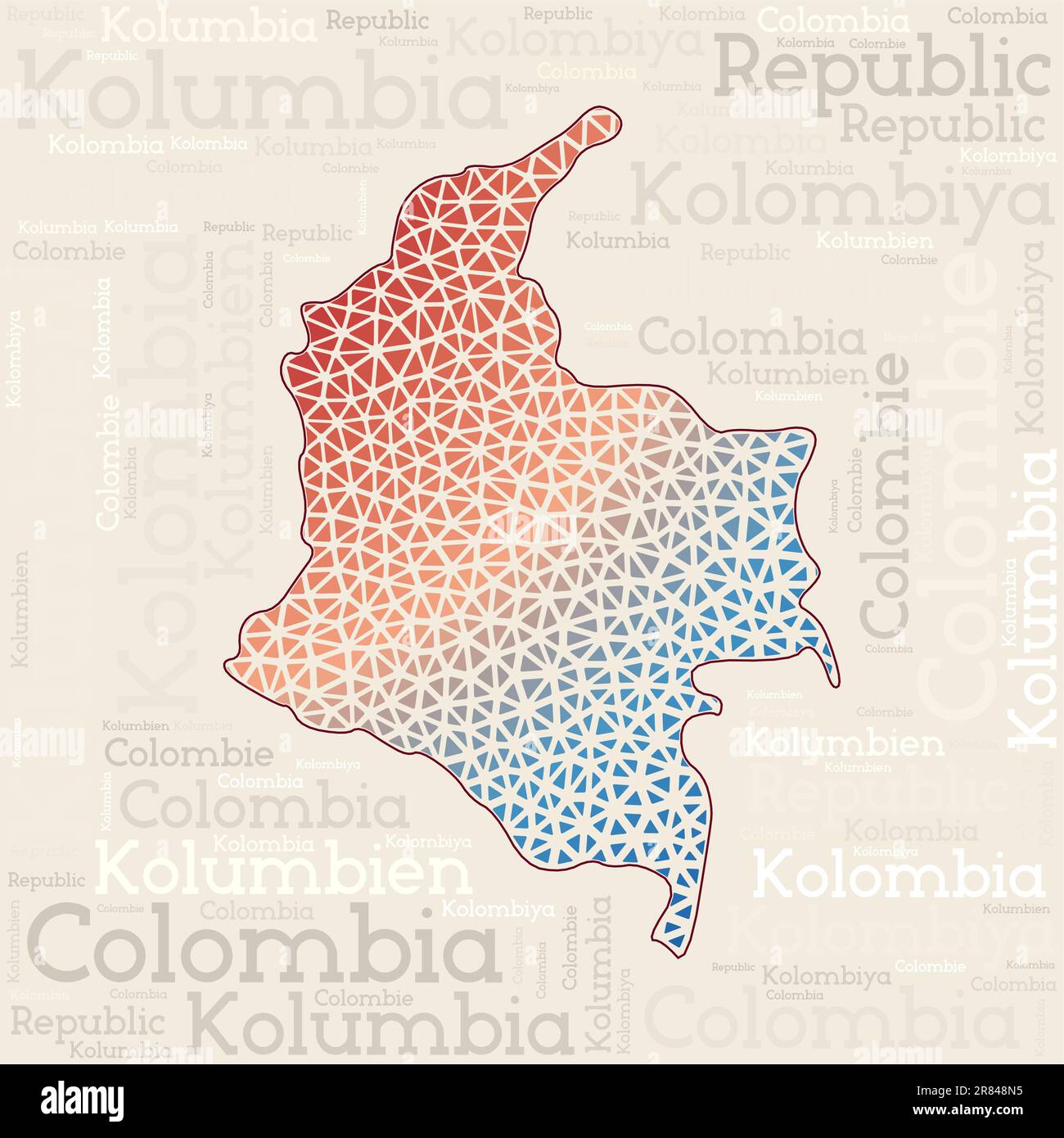 Colombia map design. Country names in different languages and map shape with geometric low poly ...