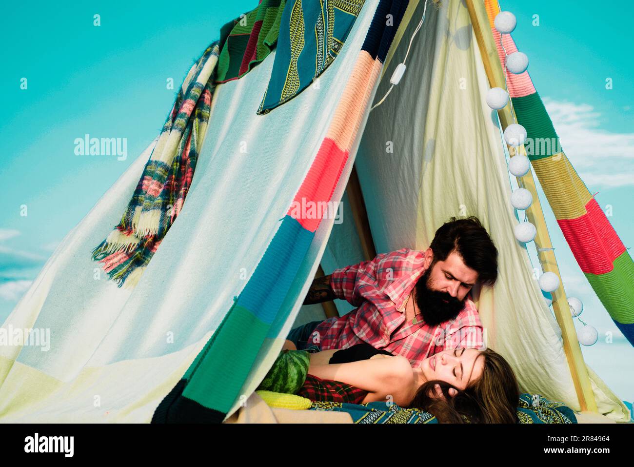 Romantic couple camping on spring landscape. Adventure for young lovers ...