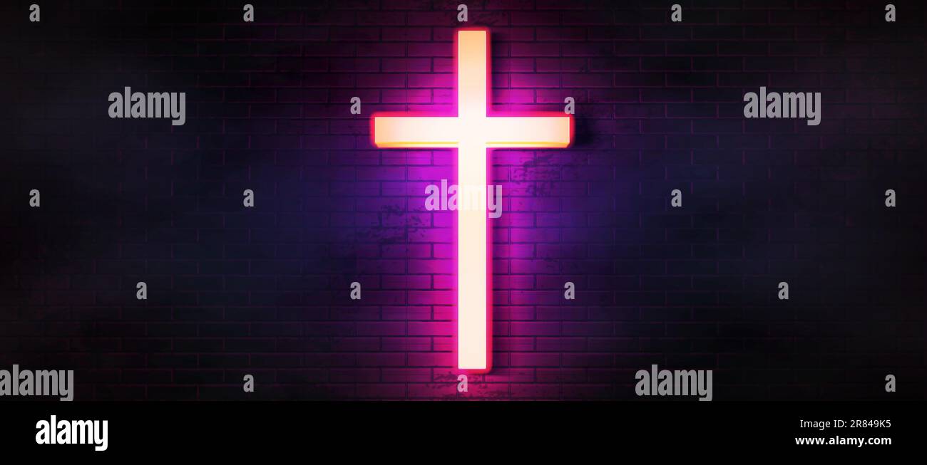 Neon cross web banner. Glowing christian wide cyberpunk background with ...