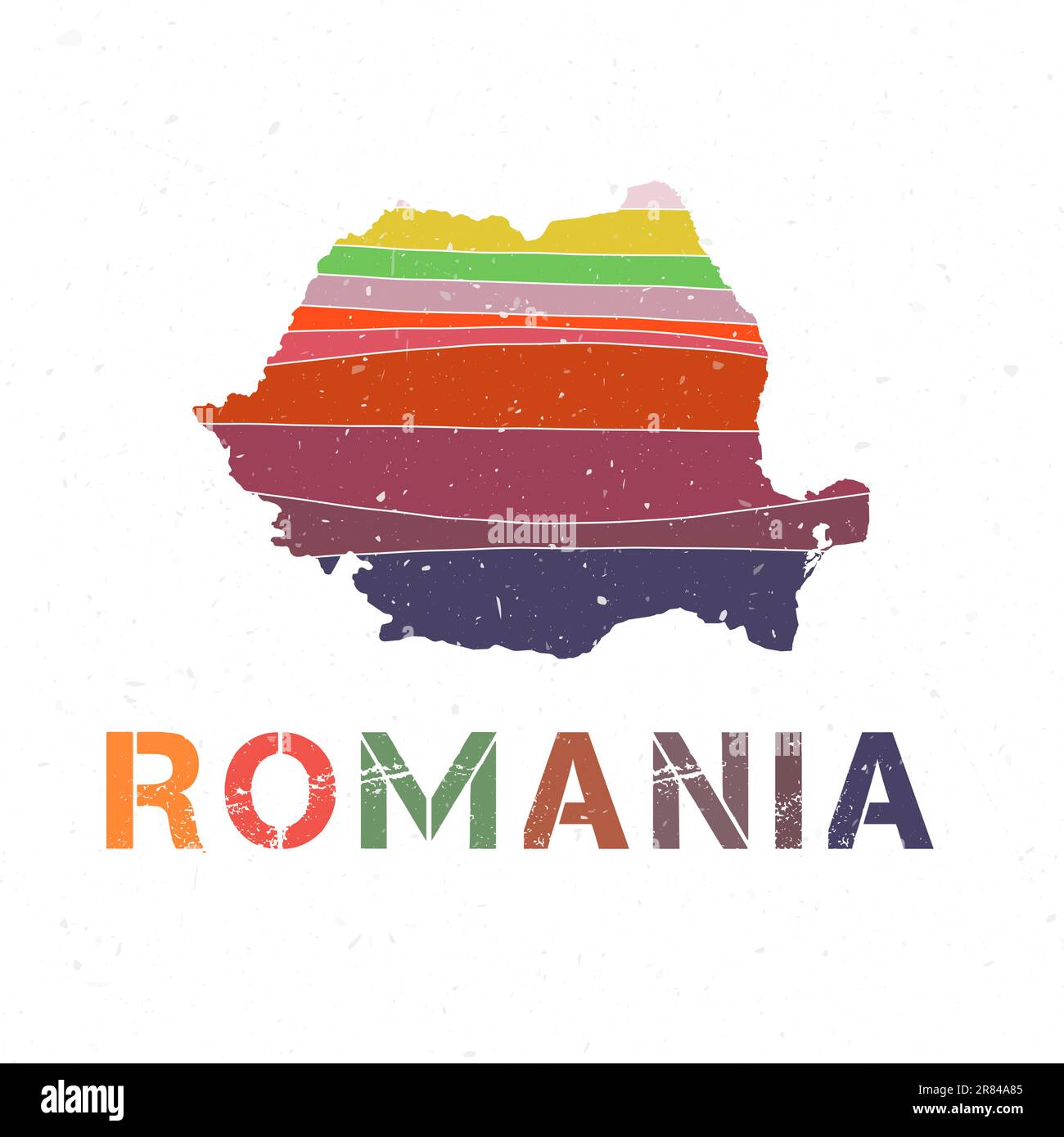 Romania map design. Shape of the country with beautiful geometric waves and grunge texture ...