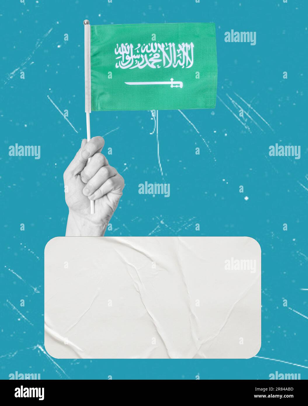 Art collage, Hand with Saudi flag on blue background, with space for ...