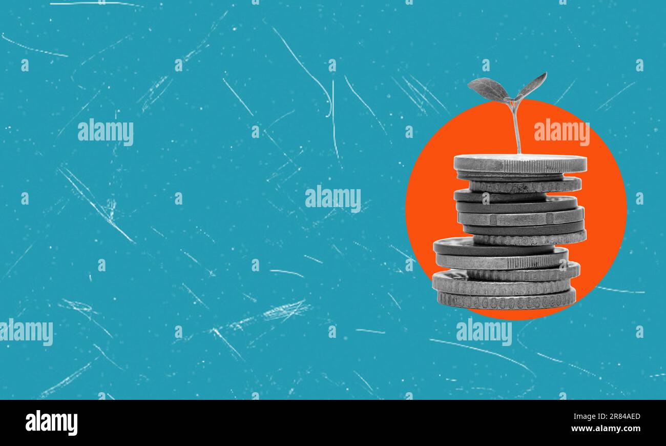Art collage, coins on blue background with space for text. The concept ...