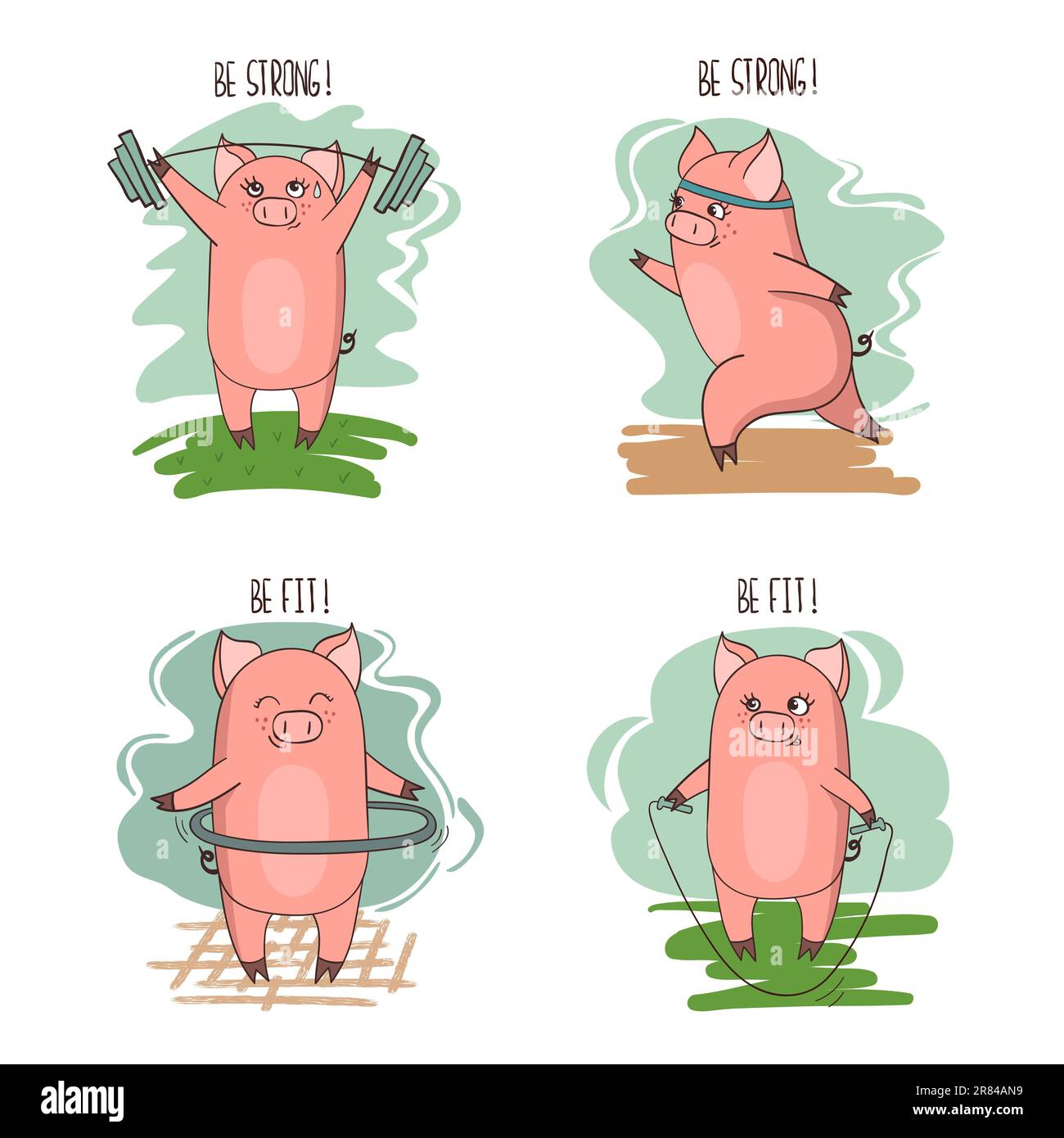 Set of cute cartoon little pigs involved in sports. Vector fitness ...