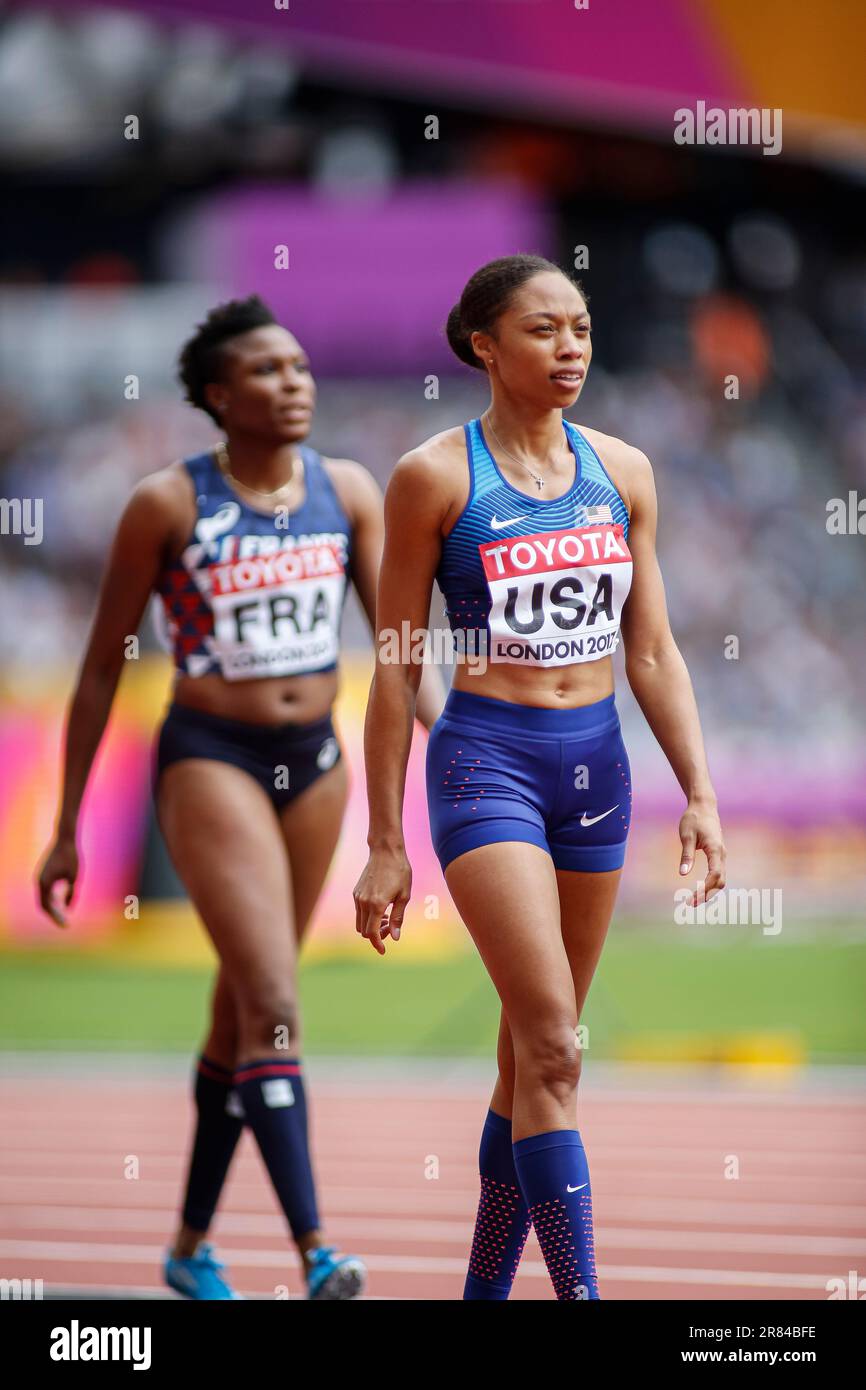 Allyson Felix participating in the 4x100m relay at the World Athletics ...