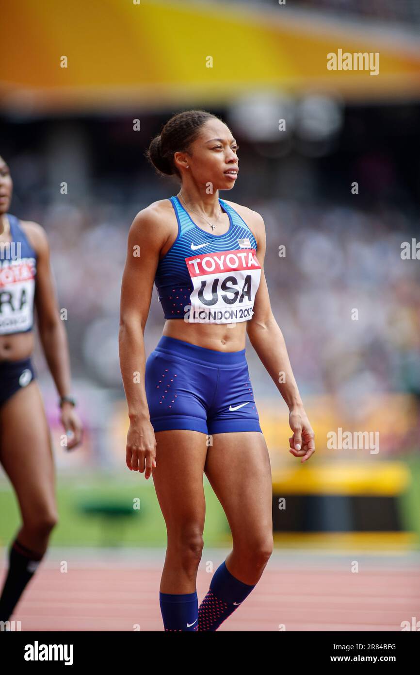 Allyson Felix participating in the 4x100m relay at the World Athletics ...