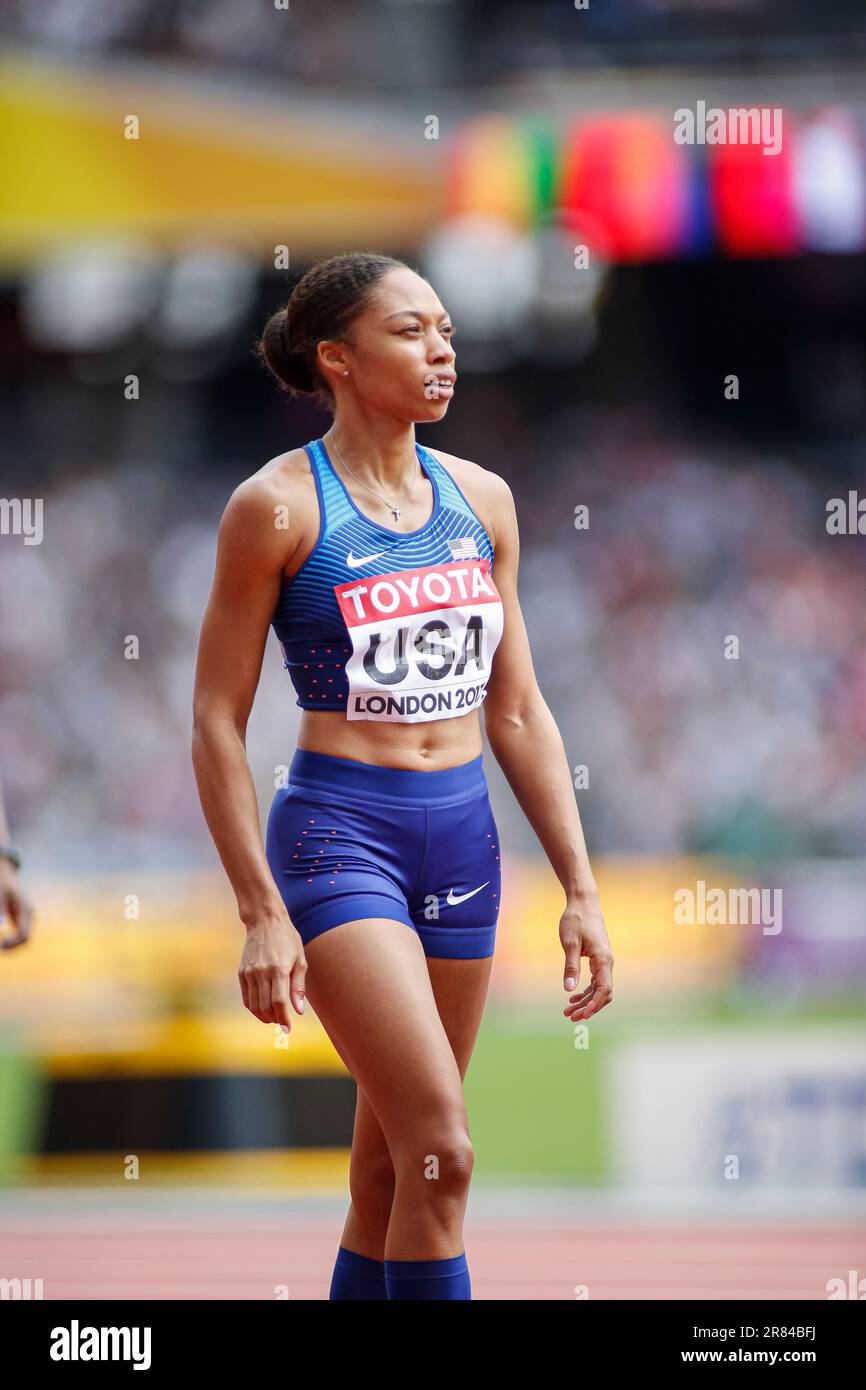 Allyson Felix participating in the 4x100m relay at the World Athletics ...
