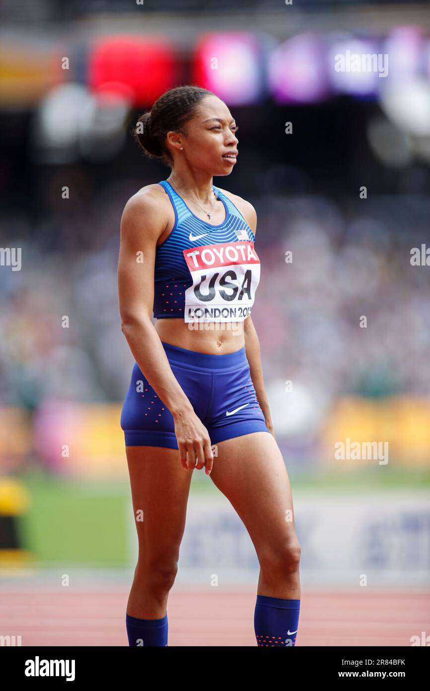 Allyson Felix participating in the 4x100m relay at the World Athletics ...