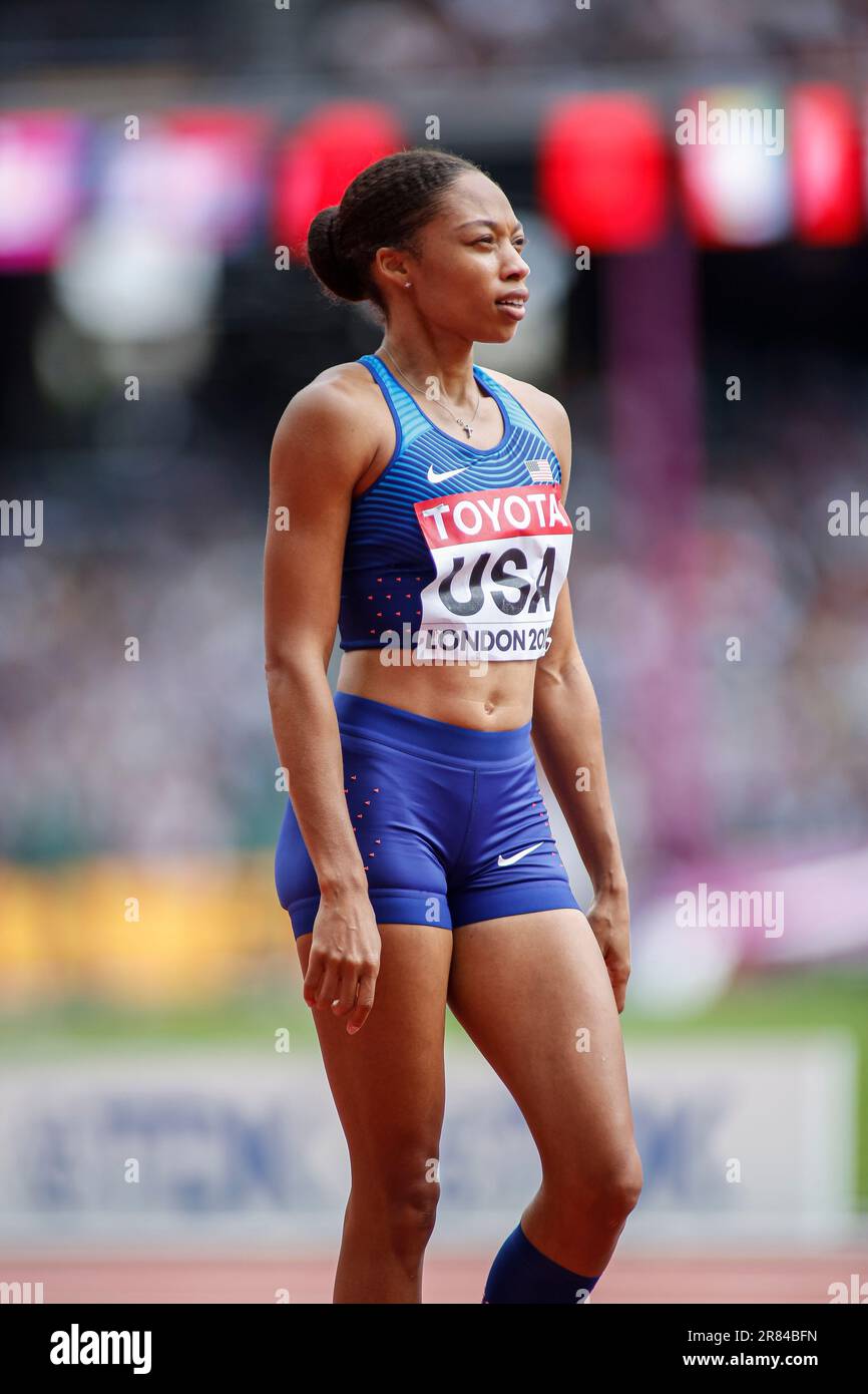 Allyson Felix participating in the 4x100m relay at the World Athletics ...