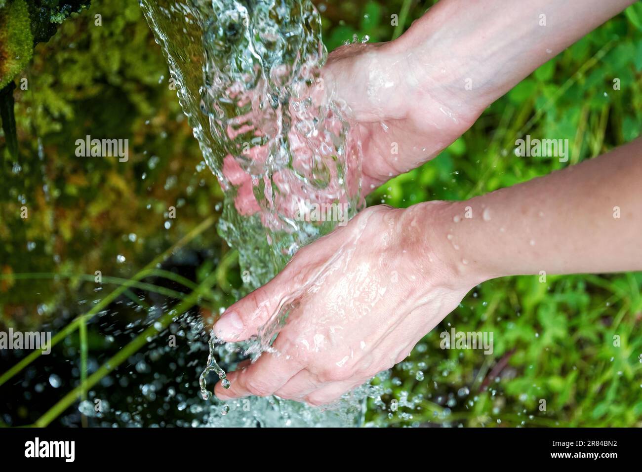 Women wash hands in the water stream from well in the forest. Clean ...