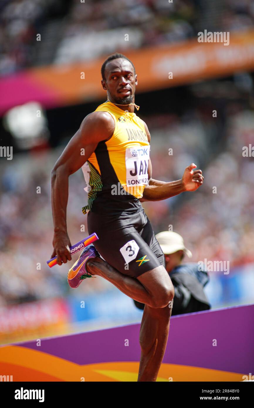 Usain Bolt participating in the 4x100m relay at the World Athletics ...