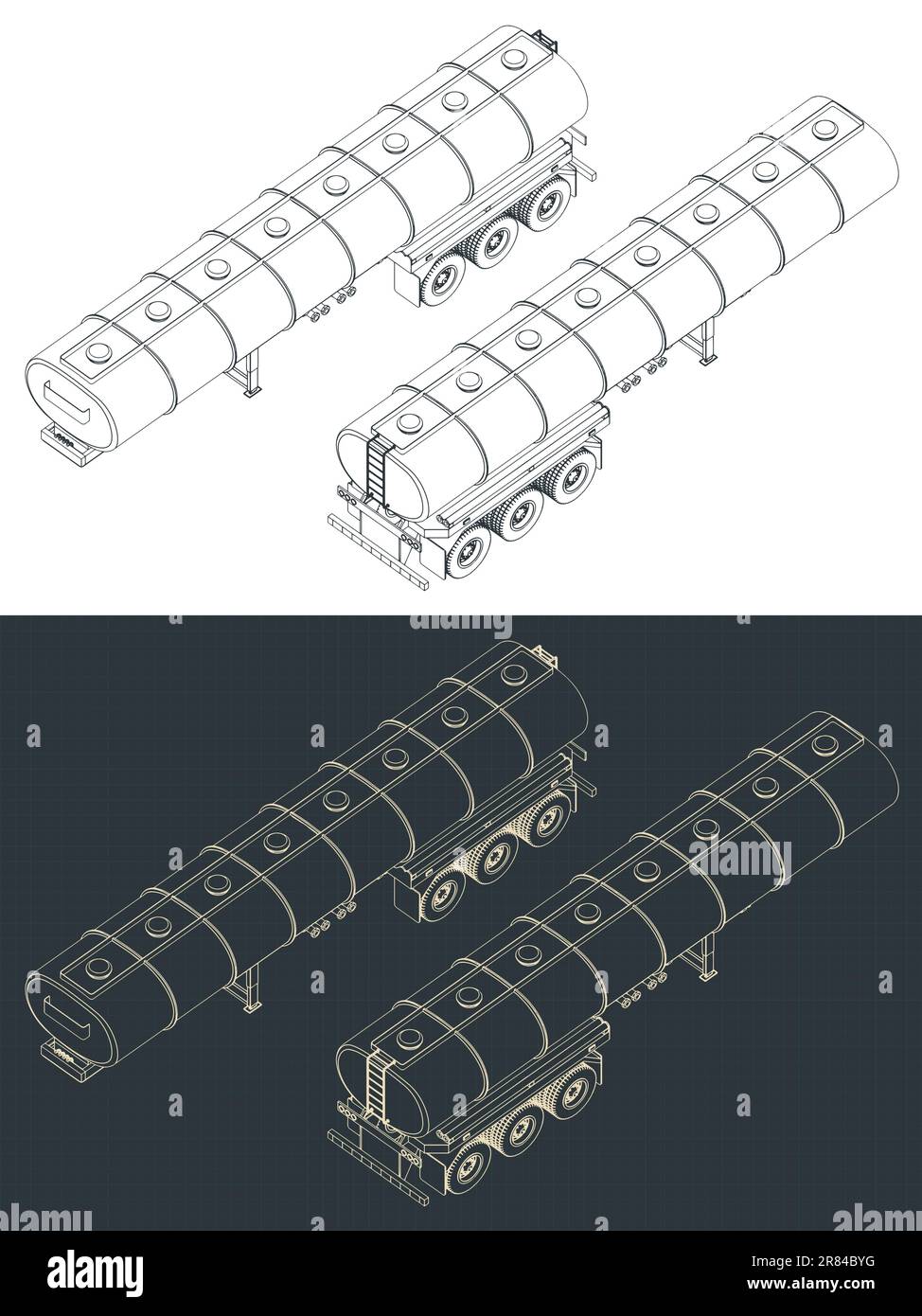 Stylized vector illustrations of isometric blueprints of tanker trailer ...