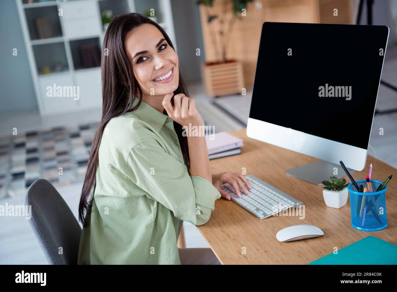 Profile portrait of smart positive lawyer lady sit chair use computer ...