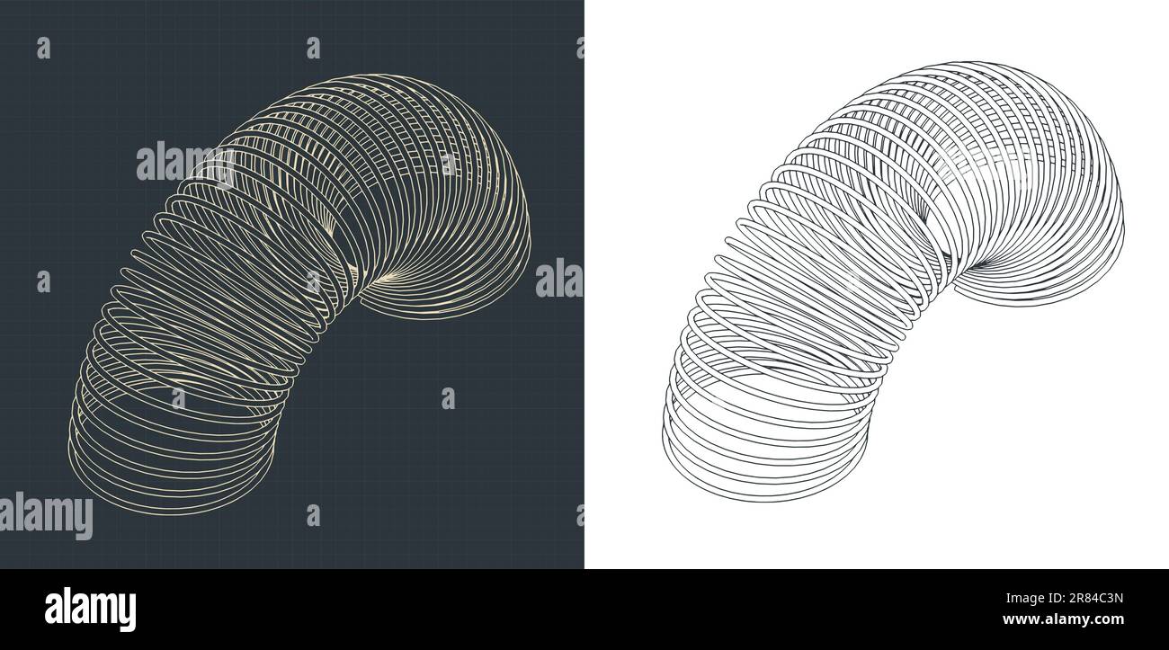 Stylized vector illustrations of isometric blueprints of spiral spring ...