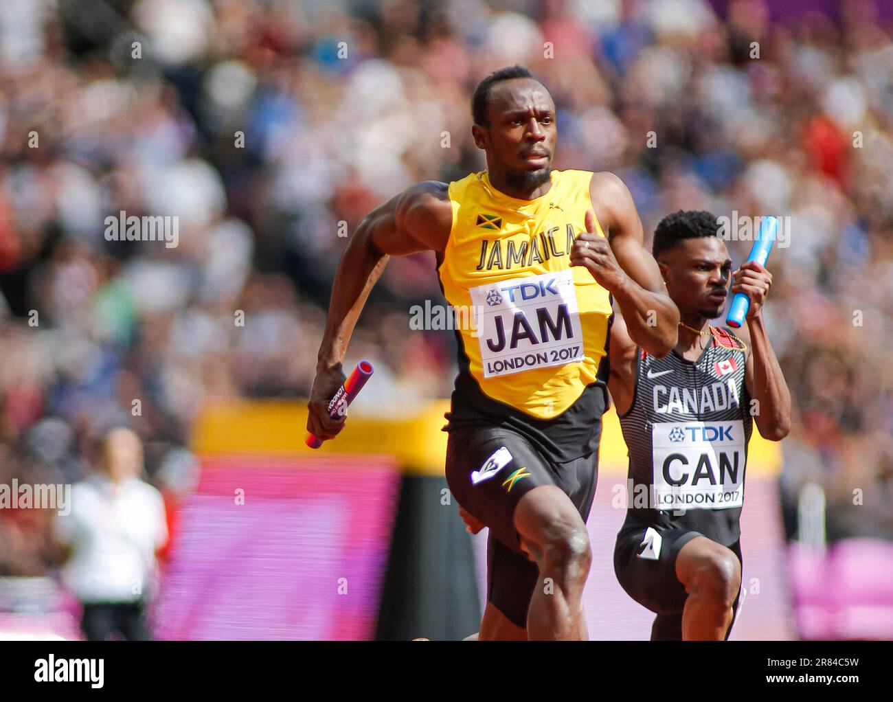 Usain Bolt participating in the 4x100m relay at the World Athletics ...