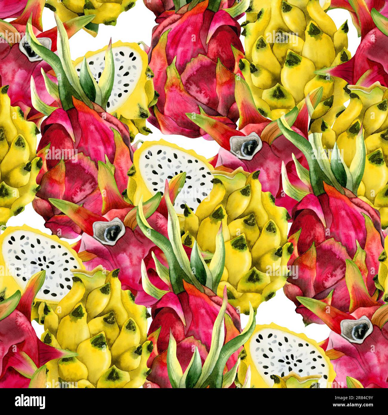 Pink and yellow pitahaya dragon fruits seamless pattern with watercolor ...