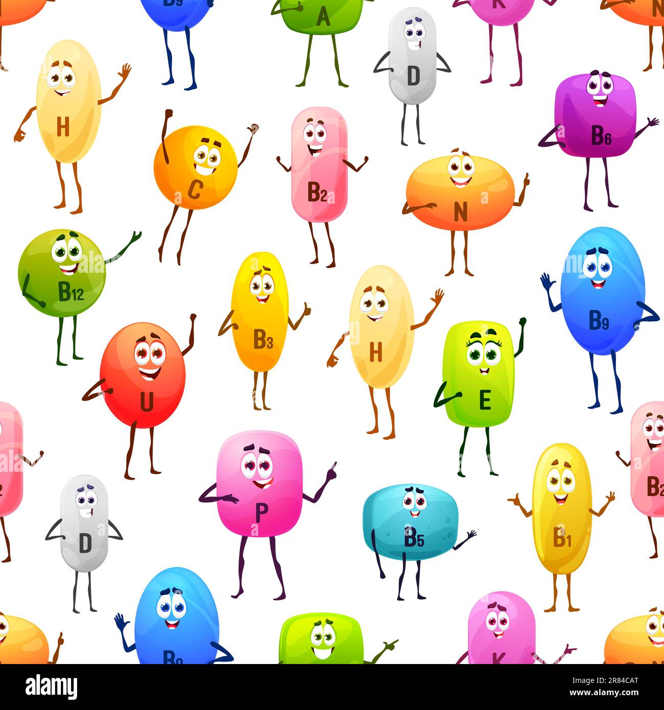Cheerful vitamin characters seamless pattern. Vitamin pills or dragee ...