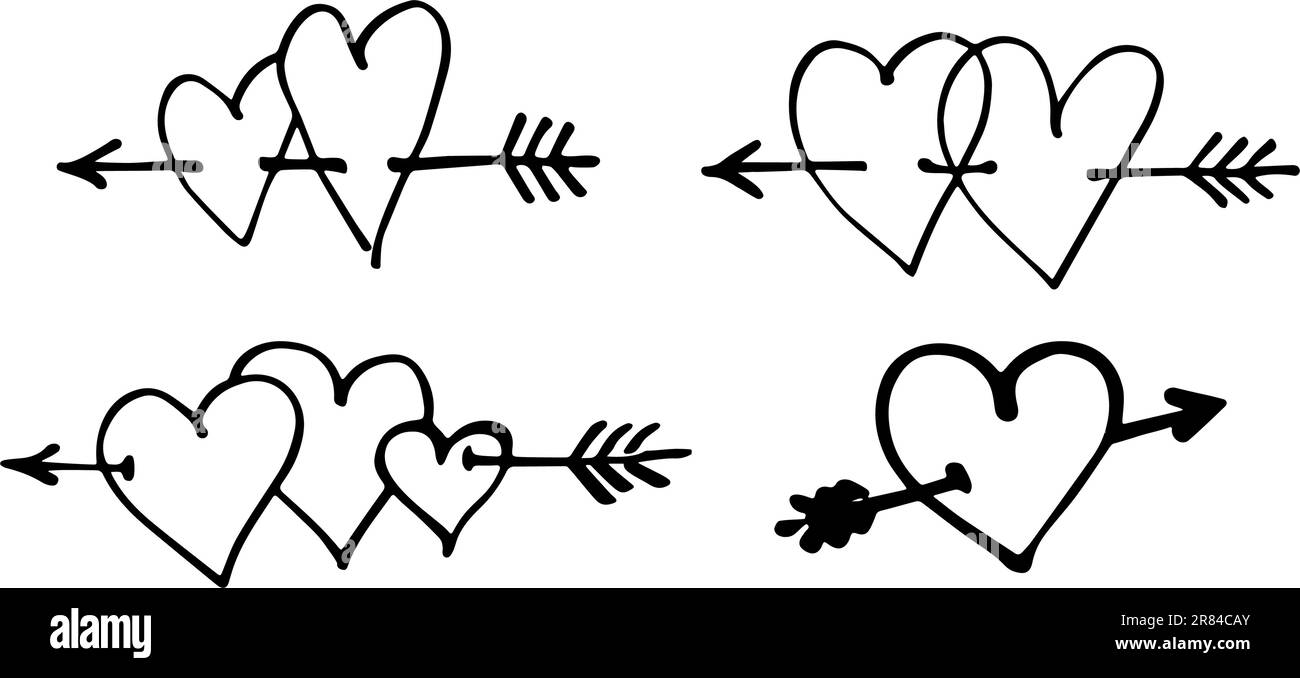 Hand drawn hearts pierced with arrow. Symbol of love. Doodle style ...