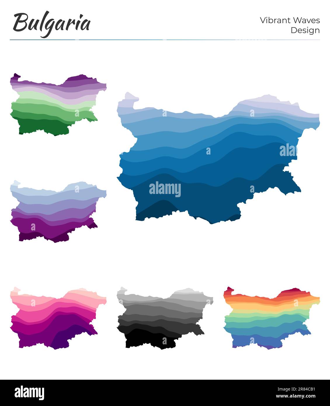 Set of vector maps of Bulgaria. Vibrant waves design. Bright map of country in geometric smooth ...