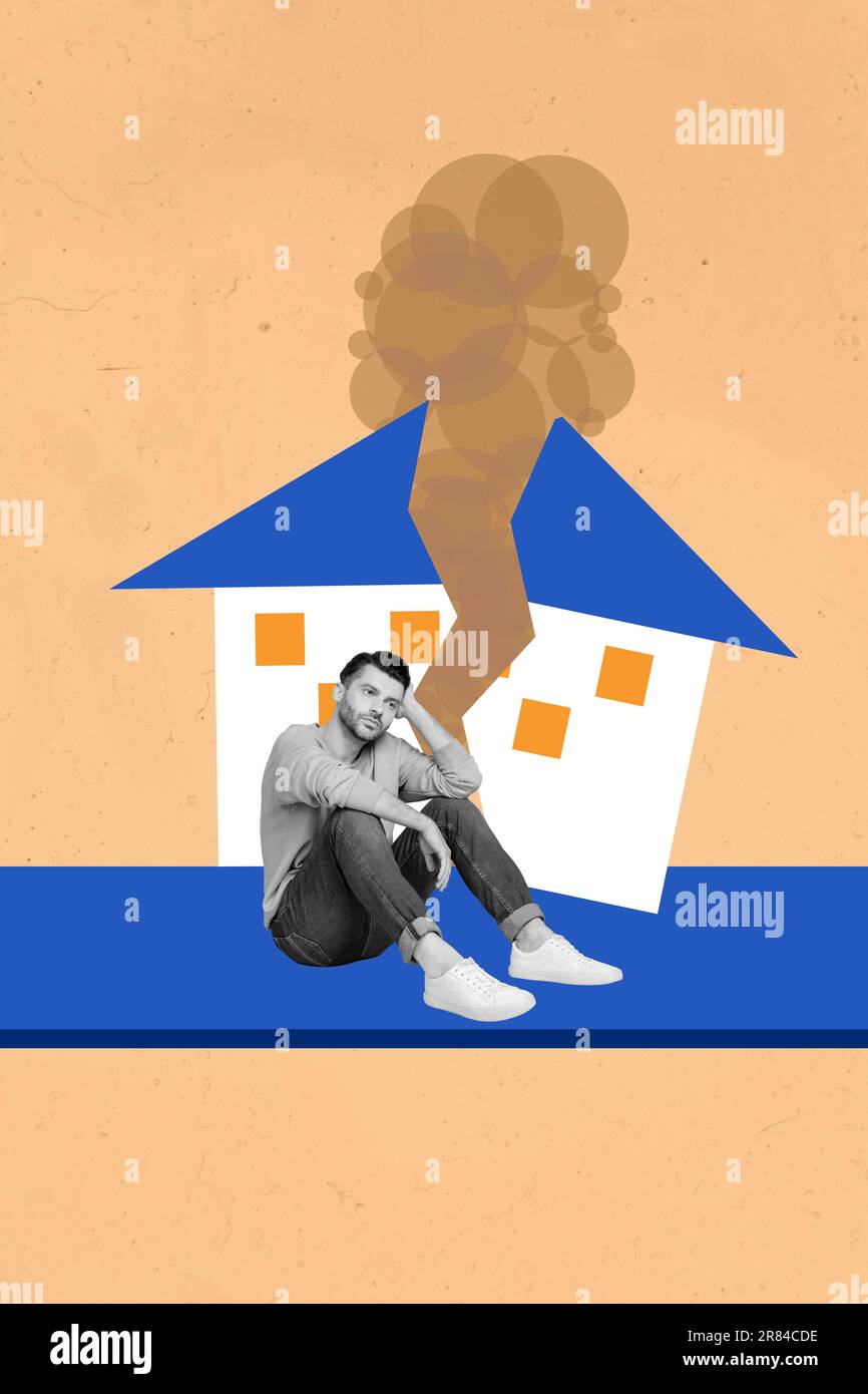 Creative retro collage image of stressed depressed guy having destroyed ...