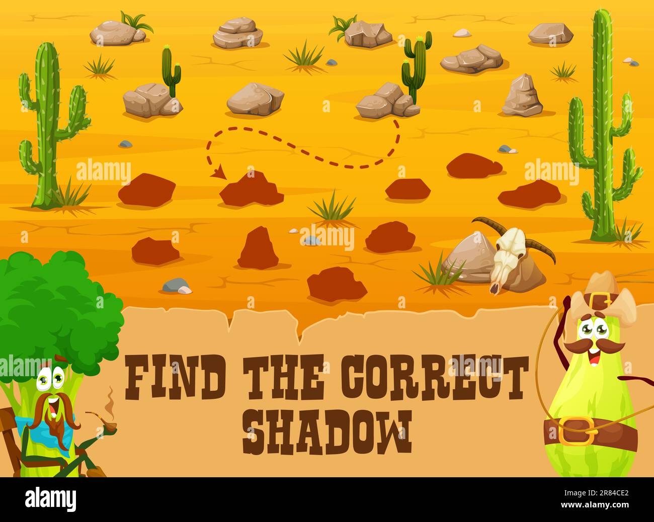Western kids game find the correct shadow of stone in Wild West desert ...