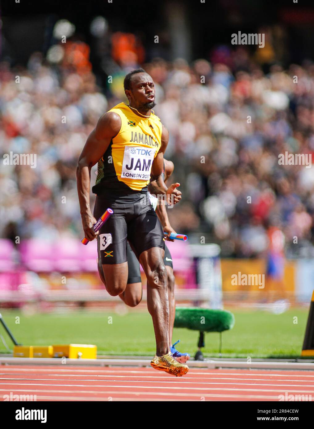 Usain Bolt participating in the 4x100m relay at the World Athletics ...